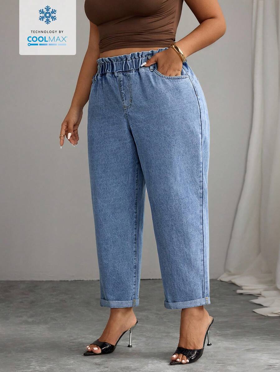 Elenzga Jeans casuales con bolsillos y volantes para mujer talla grande ...