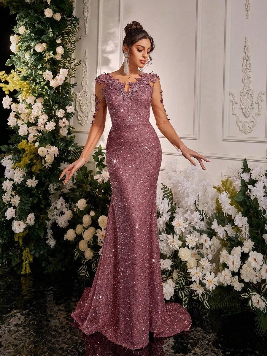 Glamrae Elegant Contrast Color Mesh Applique Long Sleeve V-Neck High ...