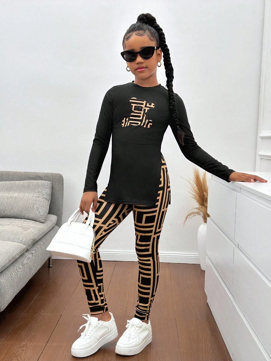 Tween Girl Casual Sports Knit Bear Print Long Sleeve Top And Geometric ...