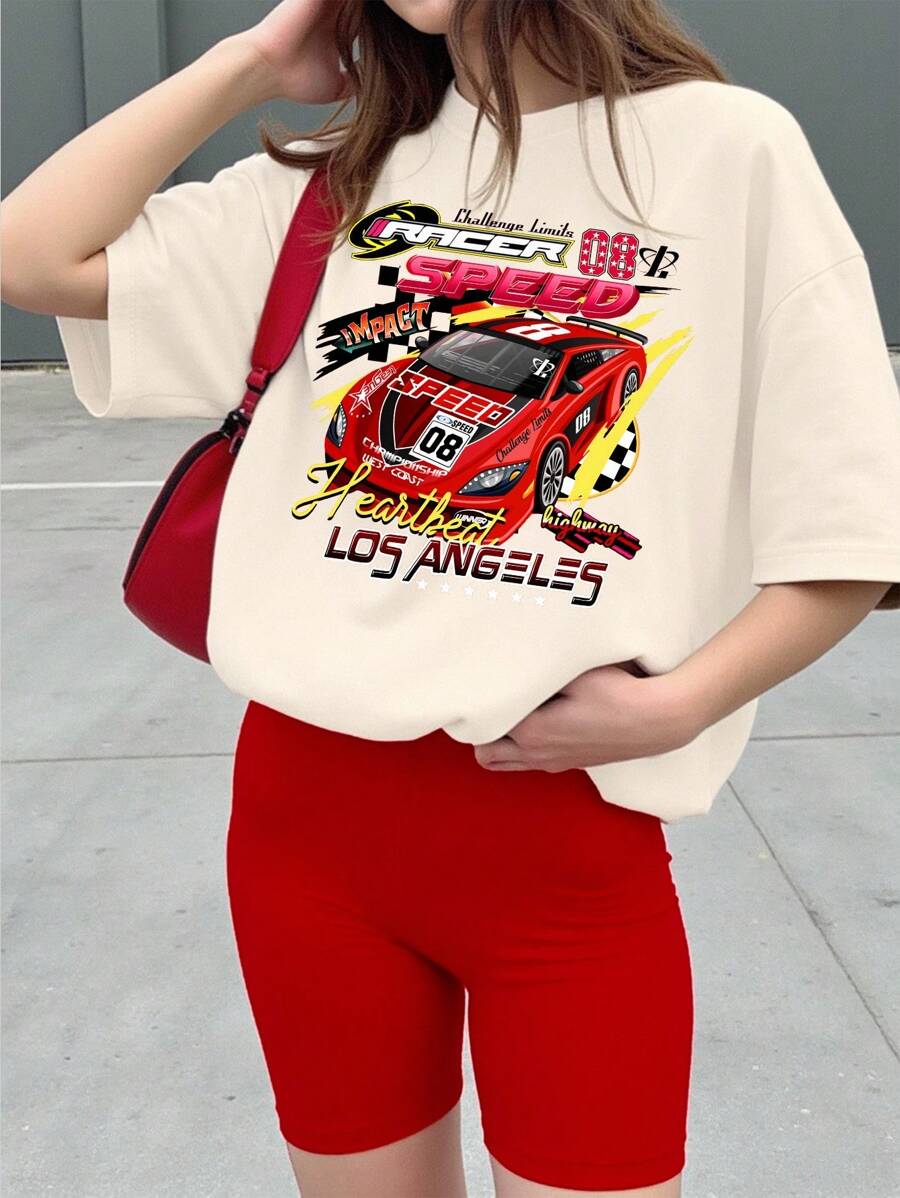 Women's Casual Fashion Creative Red Racing Car Graphic Letter Slogan ...