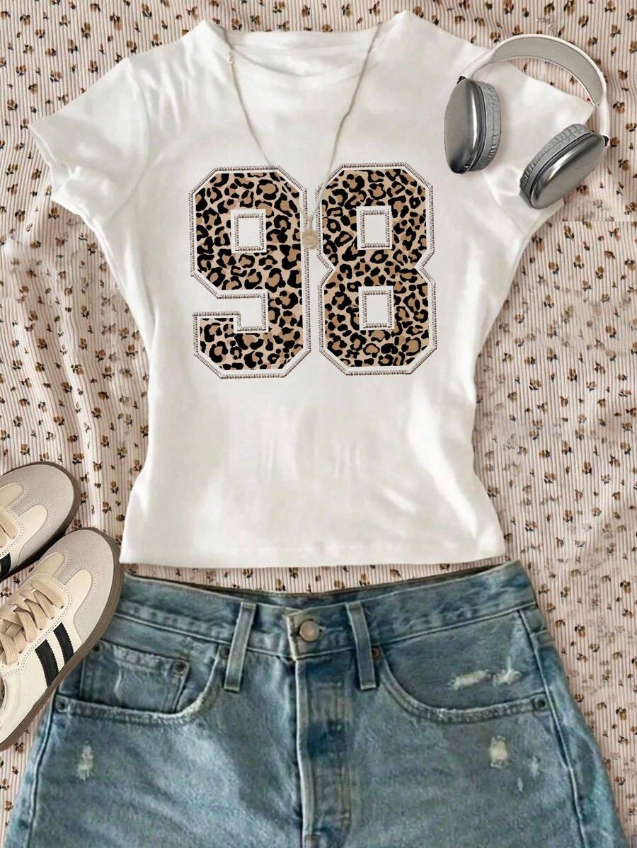 SHEIN Tween Girl Vintage Street Sports Leopard 98 Graphic, Slim Fit ...