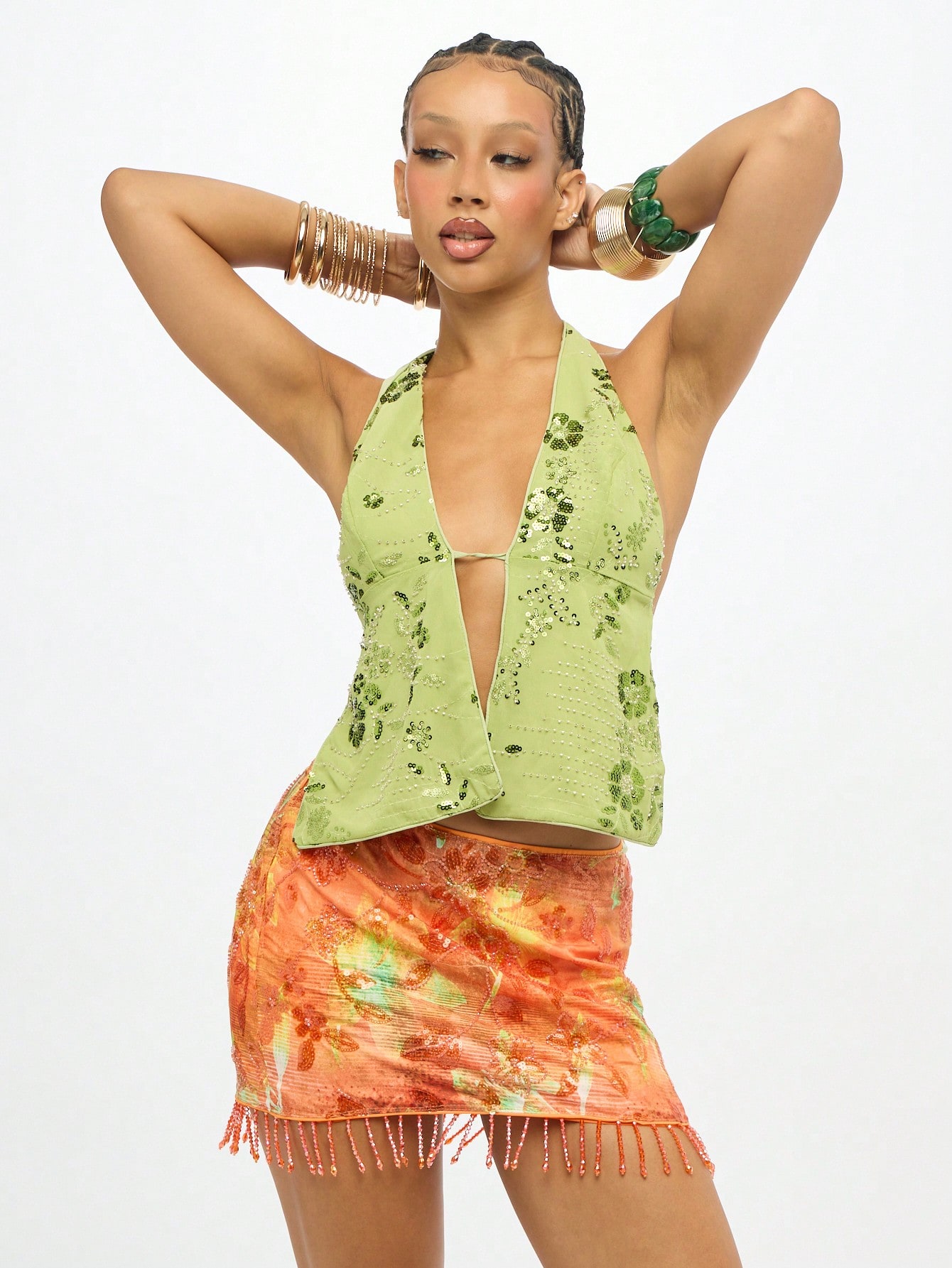 SUMWON WOMEN Abstract Floral Sequin Mini Skirt Coral Orange Beaded ...