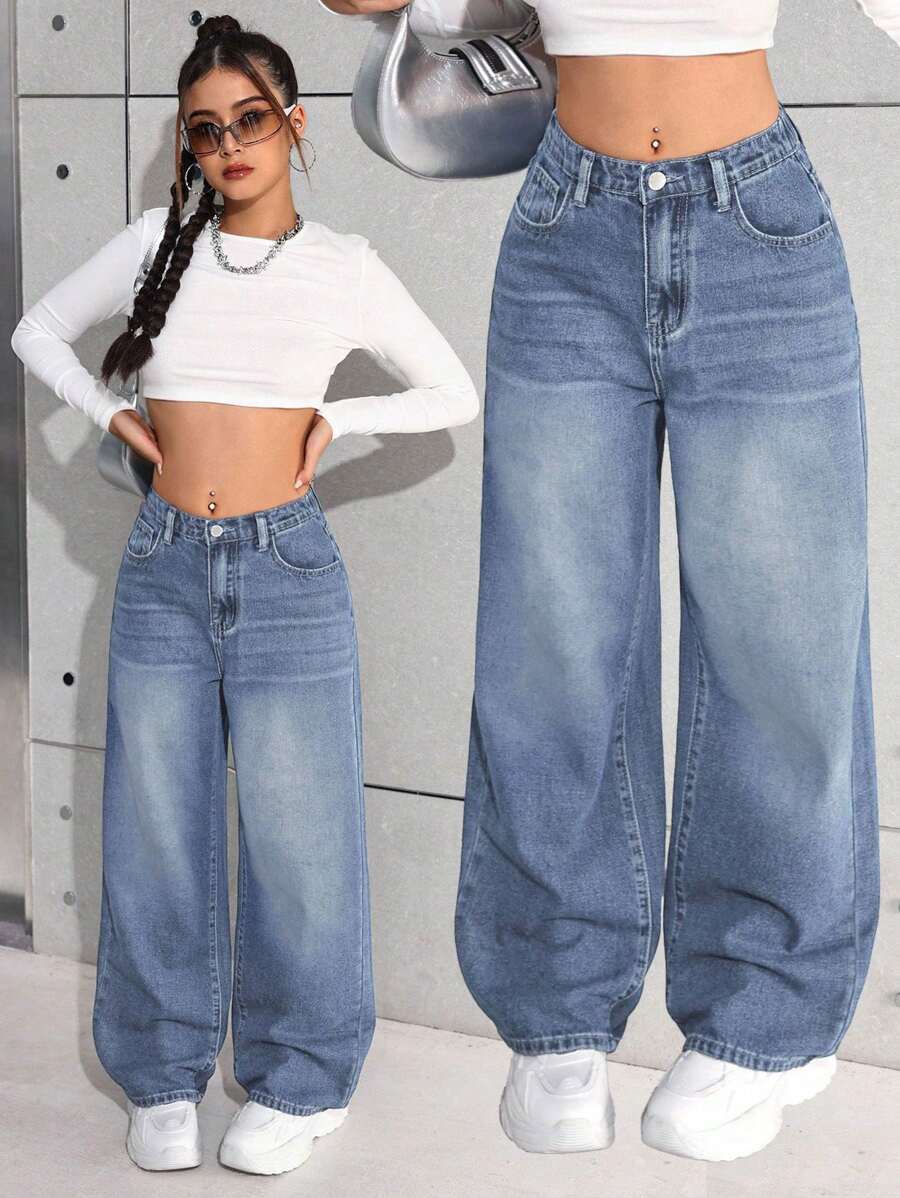 SHEIN Calça Denim Azul Larga e Básica Casual Estilo Y2K para Meninas ...
