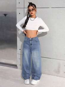 SHEIN Calça Denim Azul Larga e Básica Casual Estilo Y2K para Meninas ...