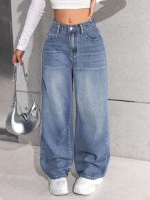 SHEIN Calça Denim Azul Larga e Básica Casual Estilo Y2K para Meninas ...