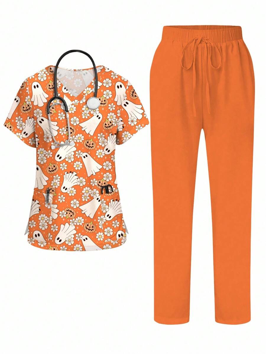 PopScrub Halloween Pumpkin Ghost Spooky Summer Fashion V-Neck Short ...