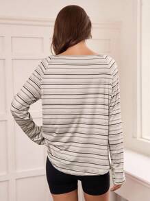 Hanevo Women's Striped Off Shoulder Button Long Sleeve Casual Sports T ...