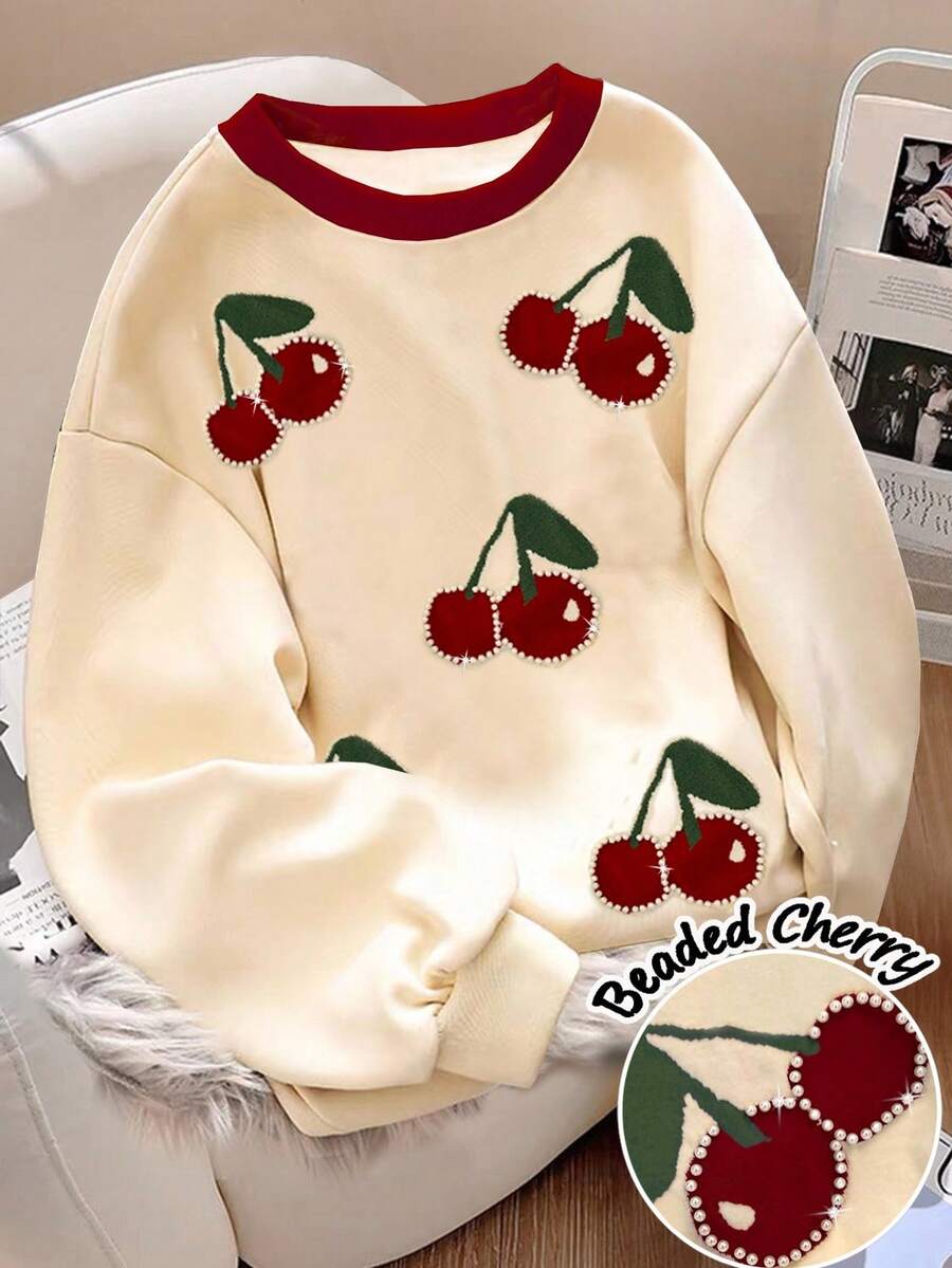 SHEIN Women's Cherry Pearl Decor Print Crew Neck Sweatshirt, Autumn ...