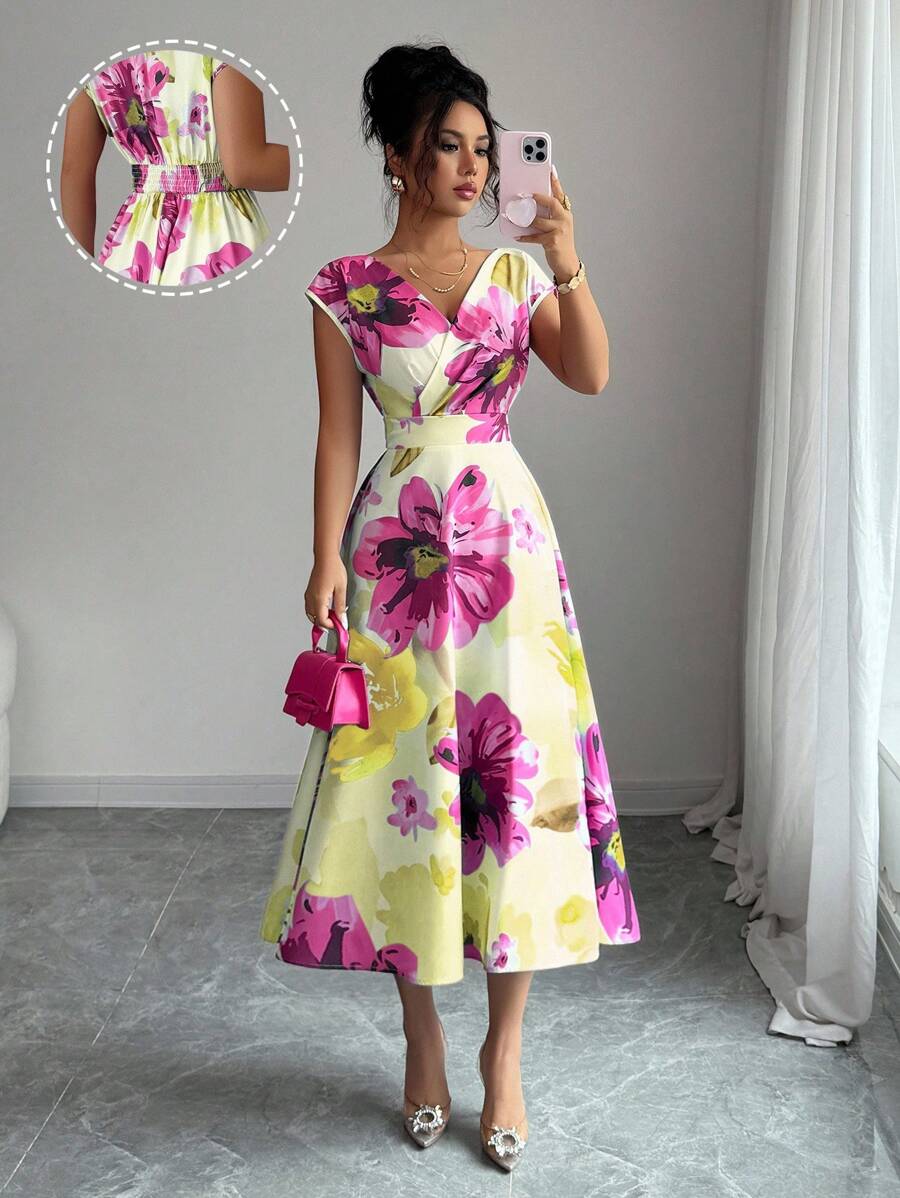 Selianne Casual Elegant Print V-Neck Waist Cinched Mid-Length Dress For ...