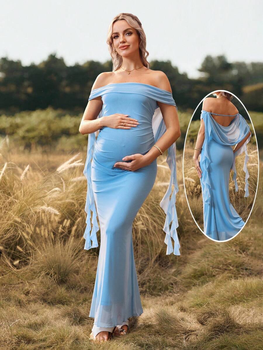 Cheriluna Maternity Solid Color Off-Shoulder Backless Maternity Photoshoot Maxi Dress for Sale ...