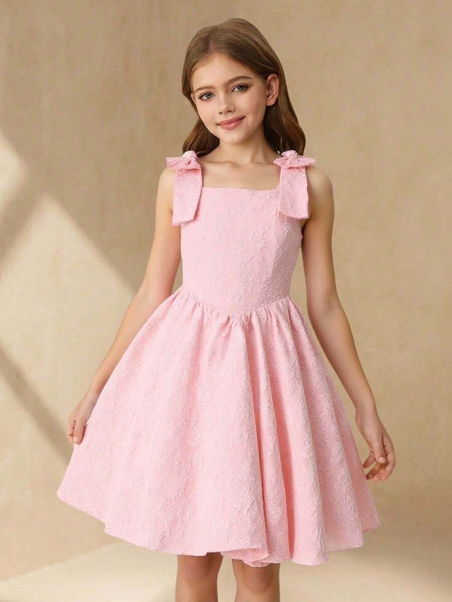 SHEIN Girls Jacquard Floral Dress With Removable Bow Strap, Elegant for ...