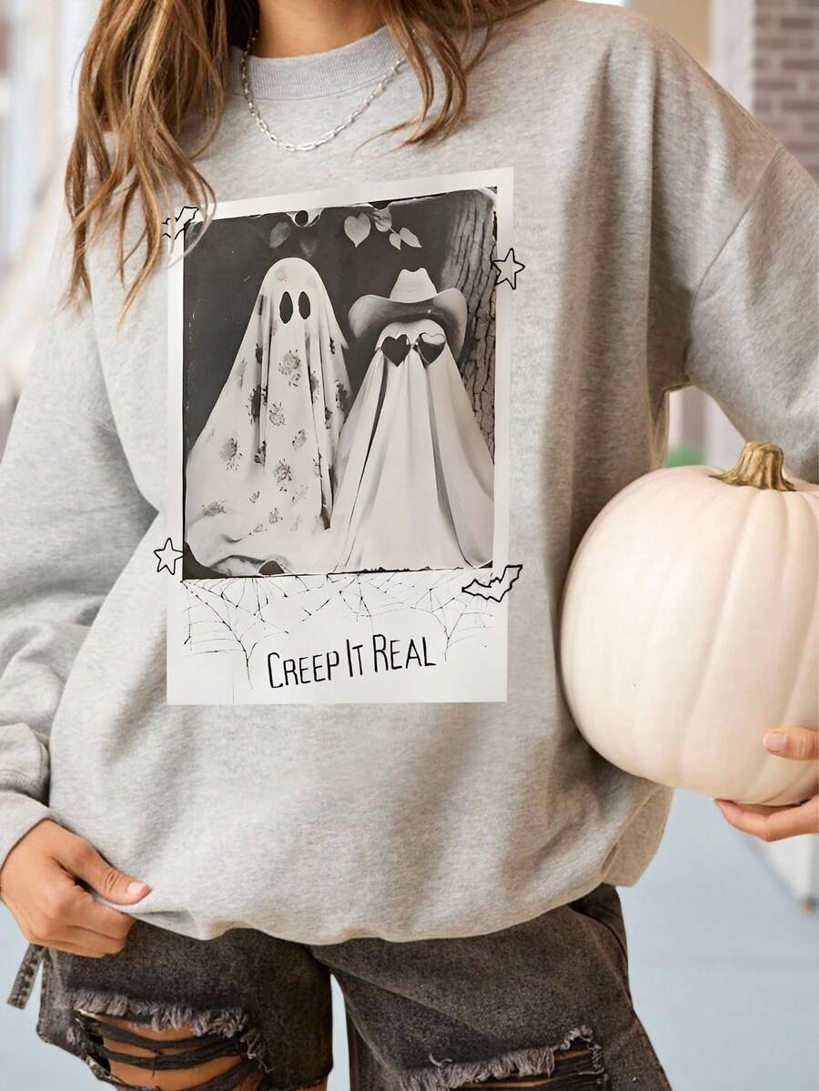 ReShift Plus Size Sweatshirt For Women Retro Halloween Ghost Print Casual Cute Sweatshirt Fall ...