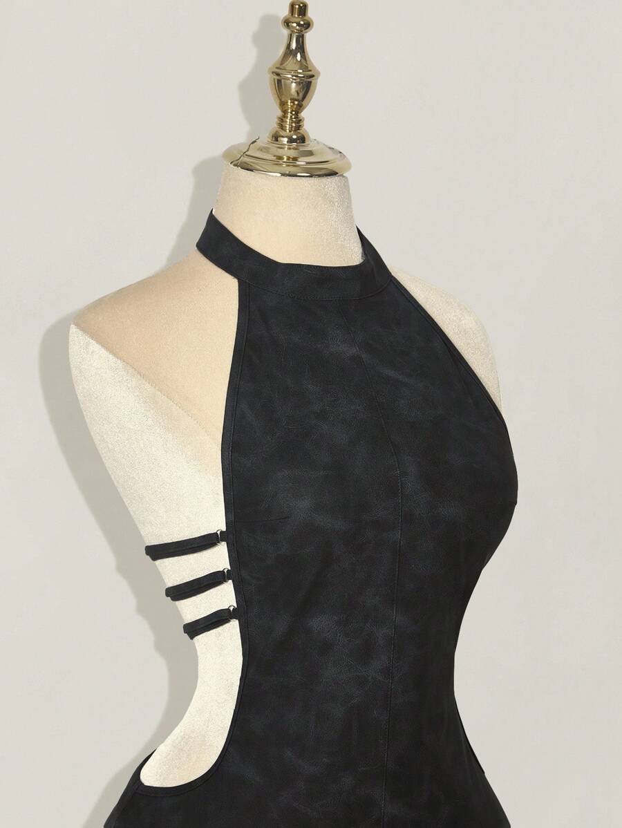 SHEIN ICON Backless Halter Vintage PU Mini Dress For Women, Slim Fit ...