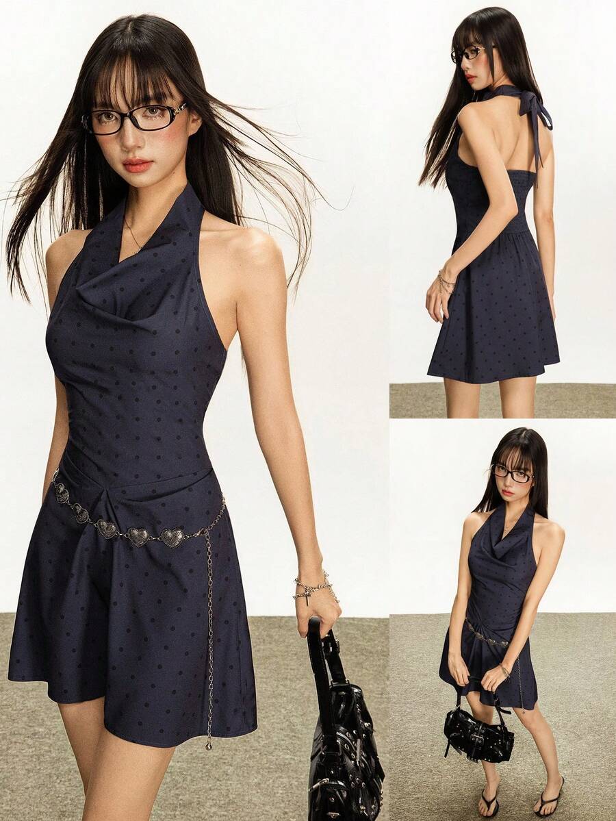 Rina Fox Y2K Polka Dot Scoop Neck Tied Waist Midi Dress, Grey | SHEIN ...