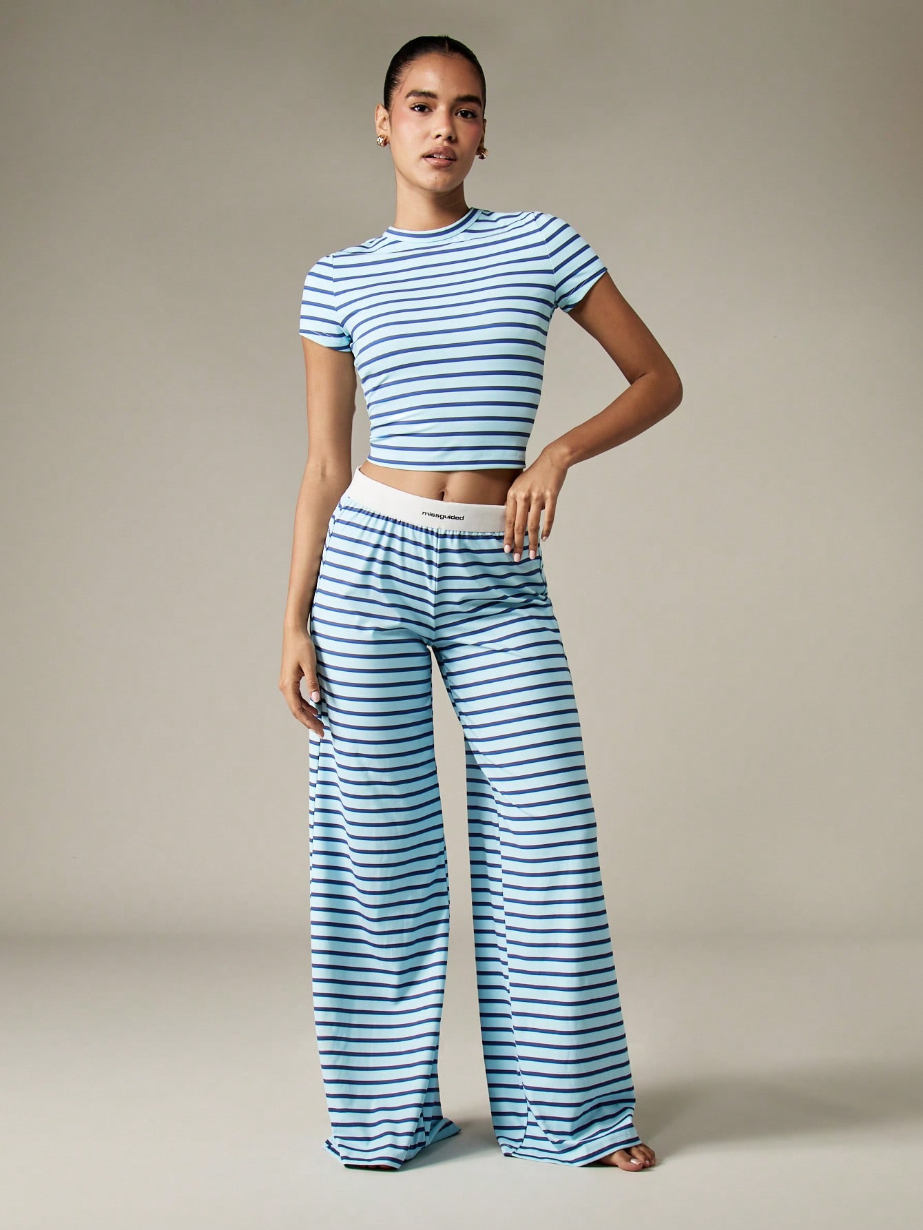MISSGUIDED Striped Crop Top And Wide Leg Pants Set｜MISSGUIDED