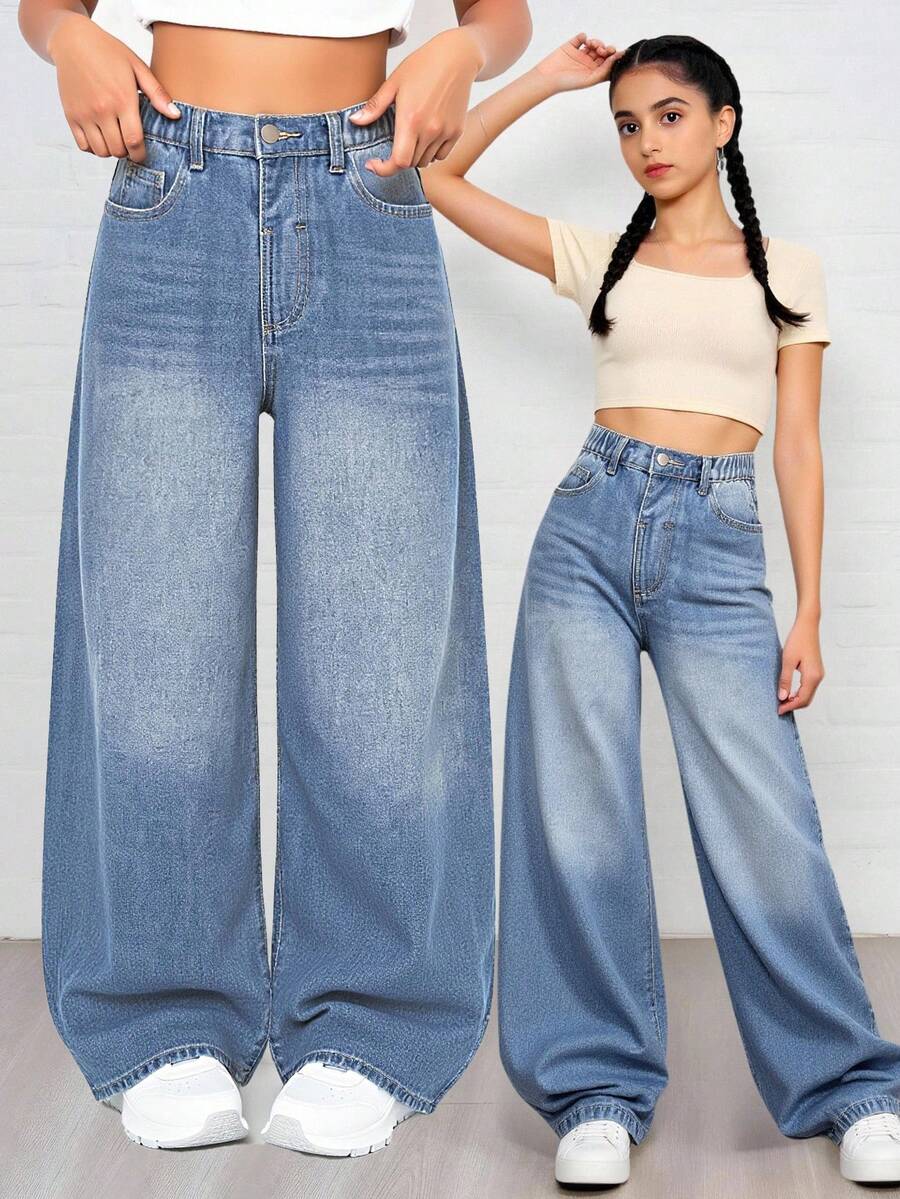 Tween Girls Y2K Style Washed Denim Wide Leg Jeans, Casual Elastic Waist ...