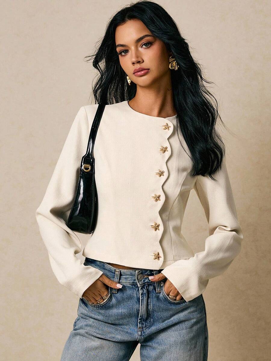 Poéselle Women's Shirts Tweed Fabric Asymmetrical Placket Metal Button ...