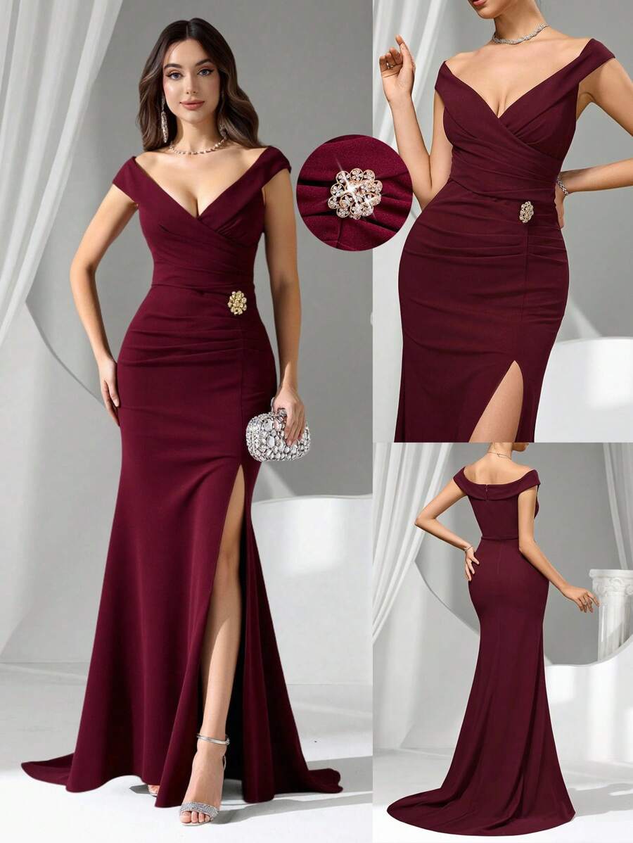 Coutiva Women's Elegant Solid Color High Slit Formal Evening Gown ...