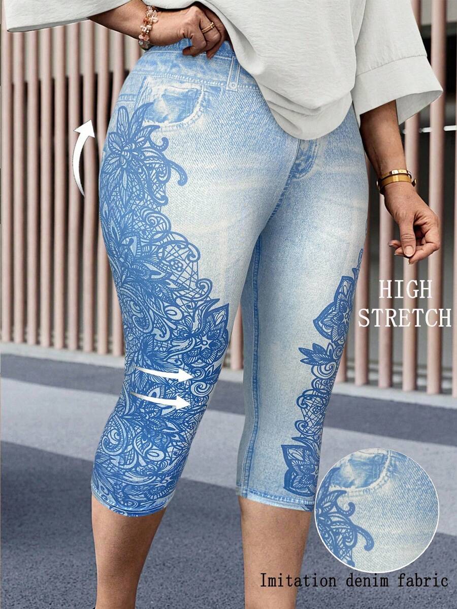EMERY ROSE Plus Size Women Floral Denim Effect Print Skinny 3/4 ...