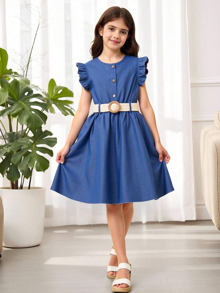 Tween Girl Ruffle Trim Button Front Dress | SHEIN USA