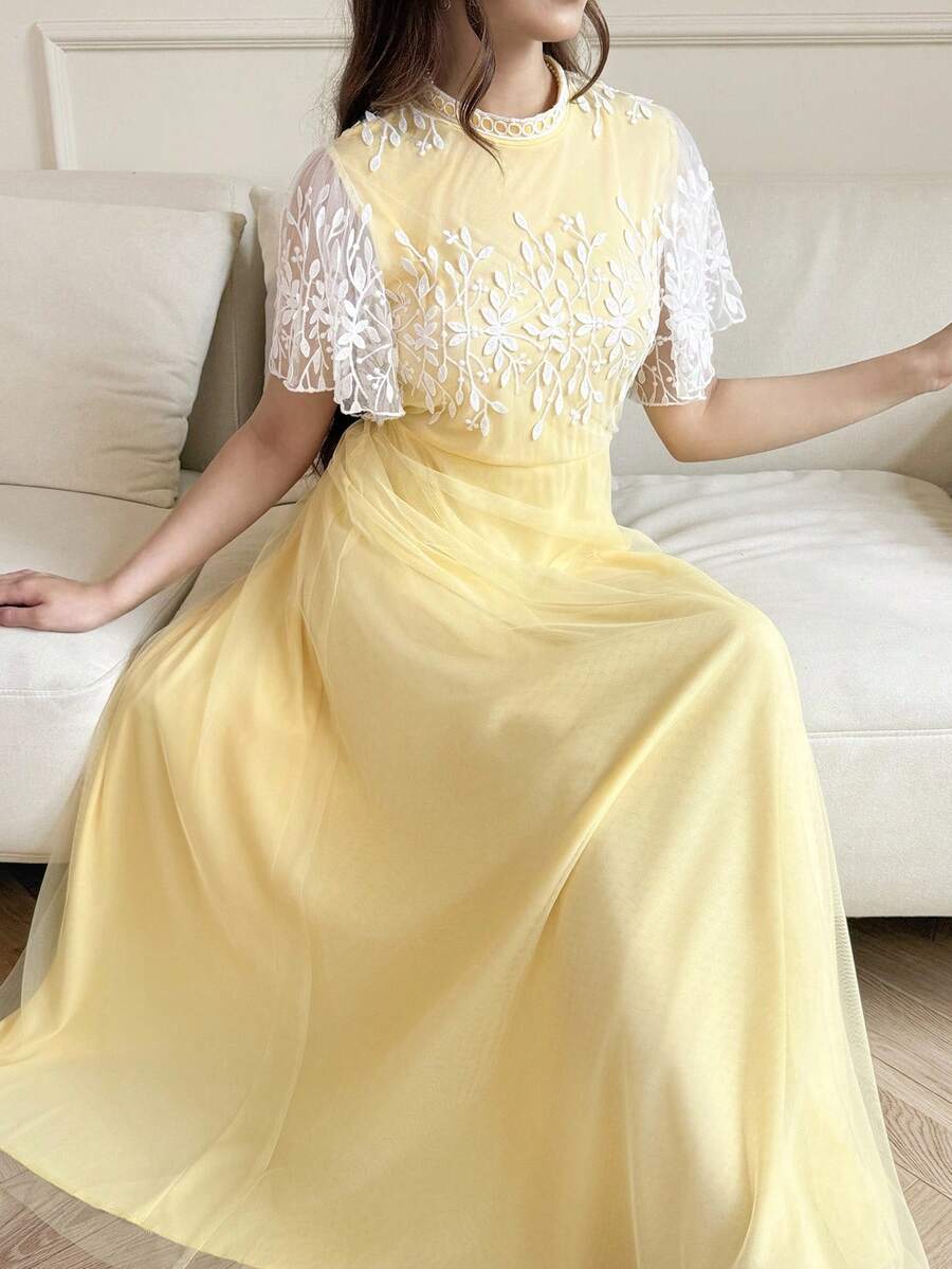 Tween Girl Elegant Embroidered Mesh Overlay Party Dress | SHEIN