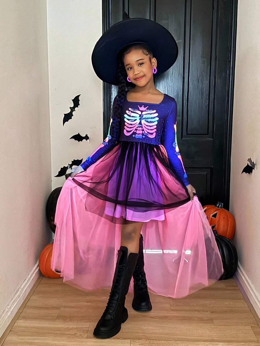 SHEIN Tween Girl Fashion Halloween Knit Skull Print Square Neck Long ...