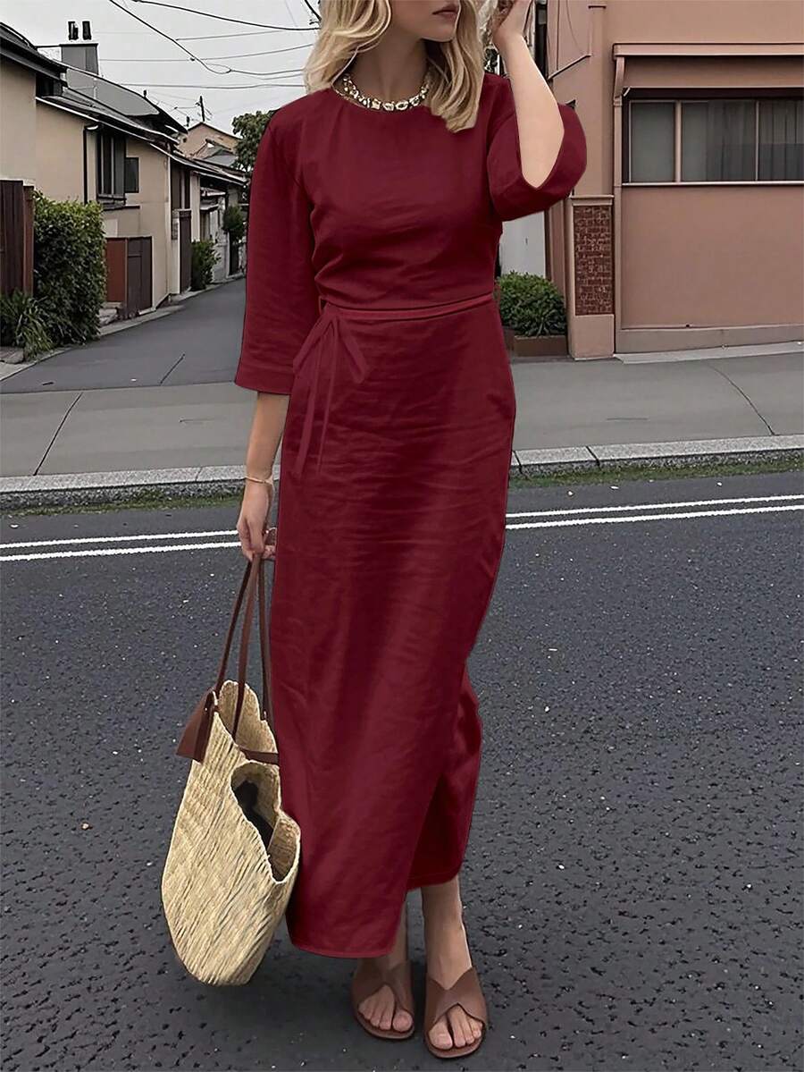 INAWLY Vestido midi de mujer color caqui con mangas anchas | Moda de ...