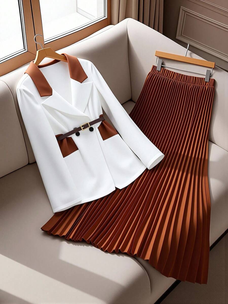 Regalyn Plus Size Patchwork Blazer & Pleated Maxi Skirt 2 Pieces Set For Women Fall Cloth For ...