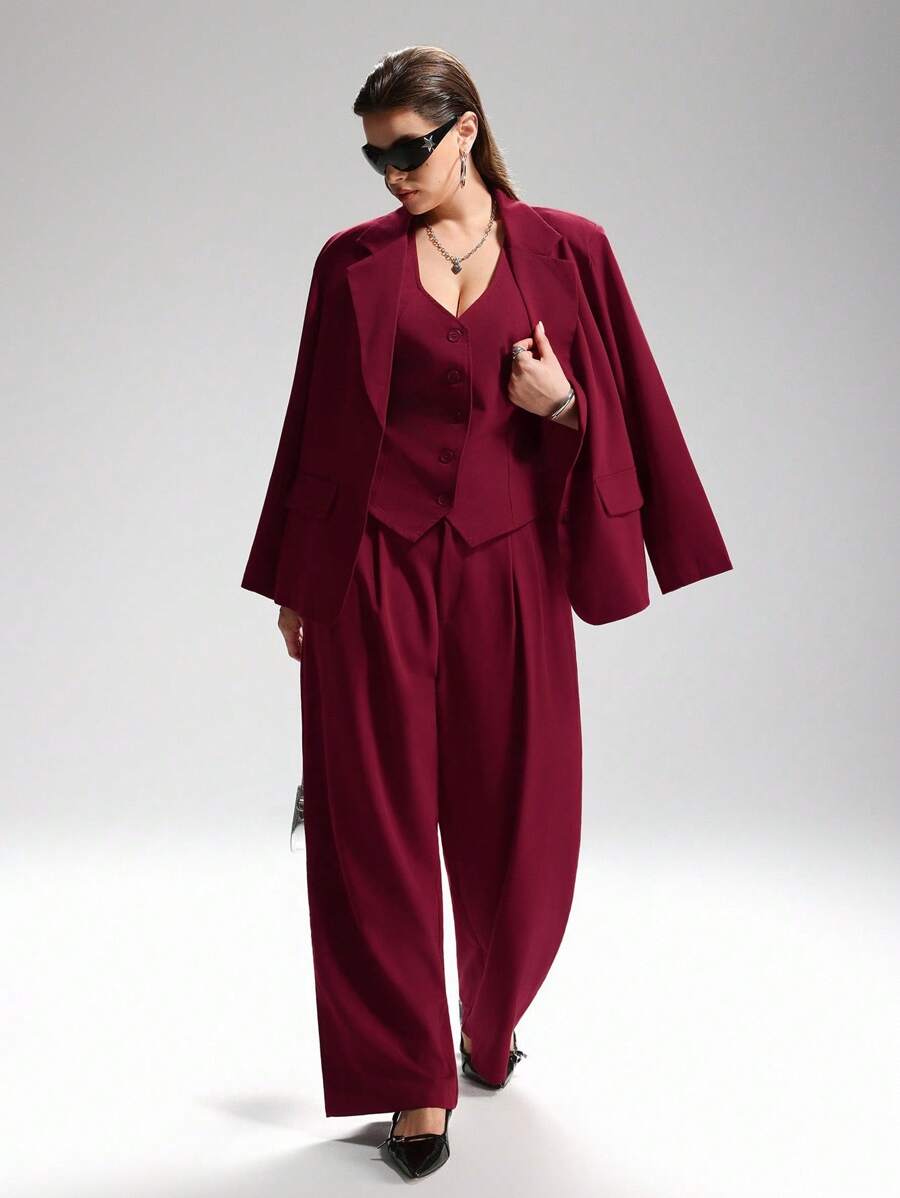 LYSMO Plus Size Solid Color Collared Vest & Pants Suit Set Graduation ...