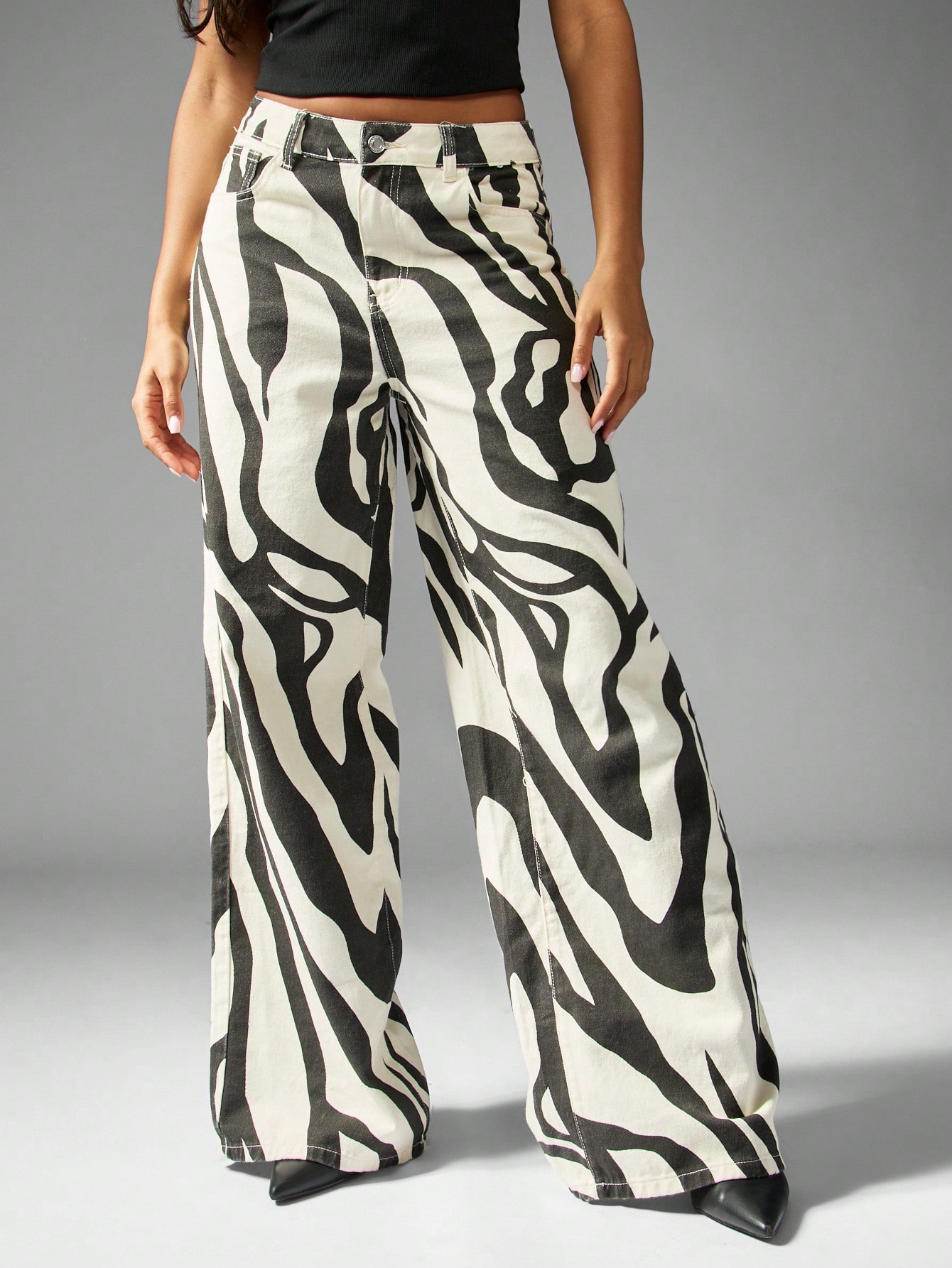 MISSGUIDED Zebra Print Wide Leg Denim Pants With Contrast Pattern ...