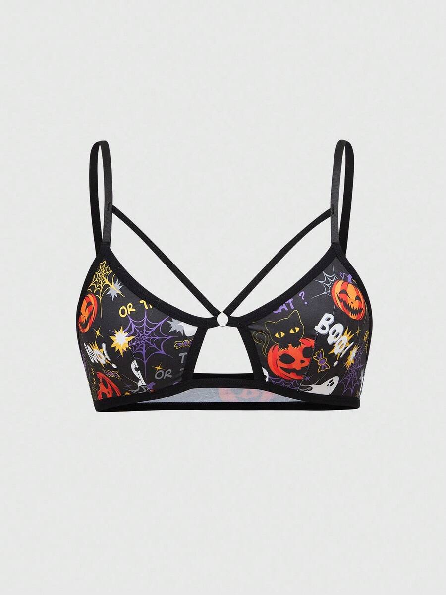 ROMWE Goth Gothic Halloween Spooky Ghost Pumpkin Cobweb Black Cat Wireless Bra For Women for ...