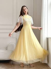 Tween Girl Elegant Embroidered Mesh Overlay Party Dress | SHEIN
