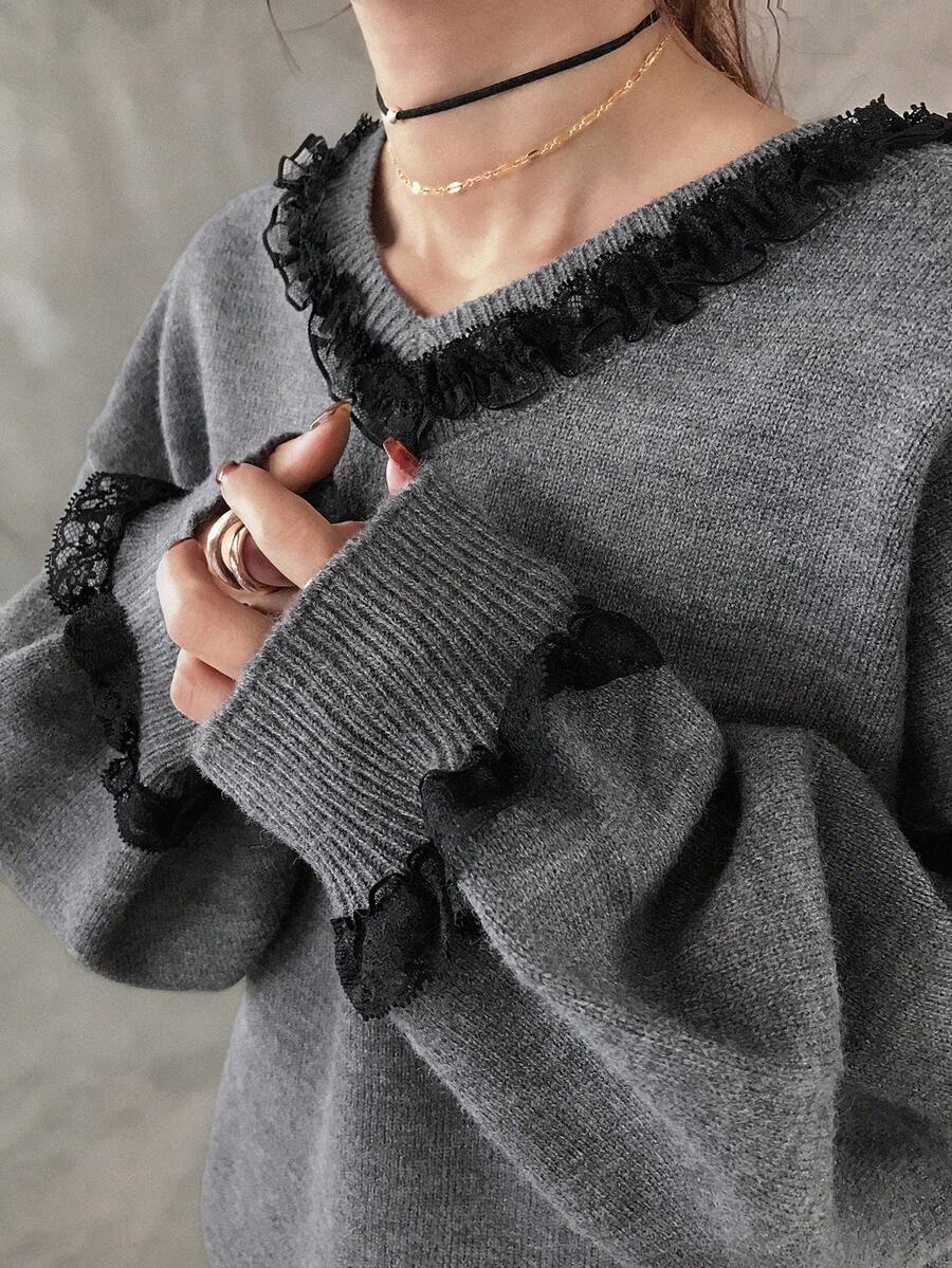 FRIFUL Women's Lace Patchwork Loose Contrast Color V-Neck Casual ...