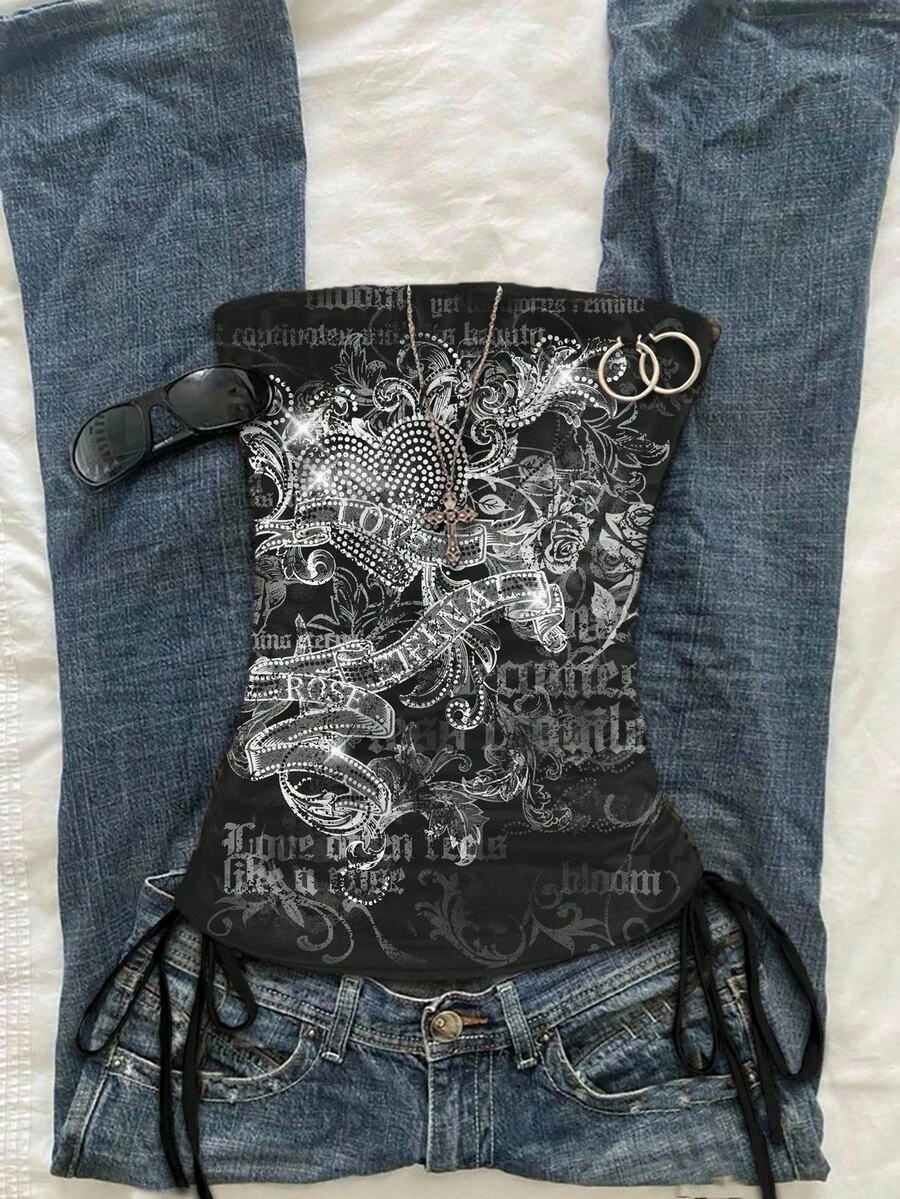 Attitoon Women's Casual Vintage Drawstring Tie-Front Cropped Tube Top ...