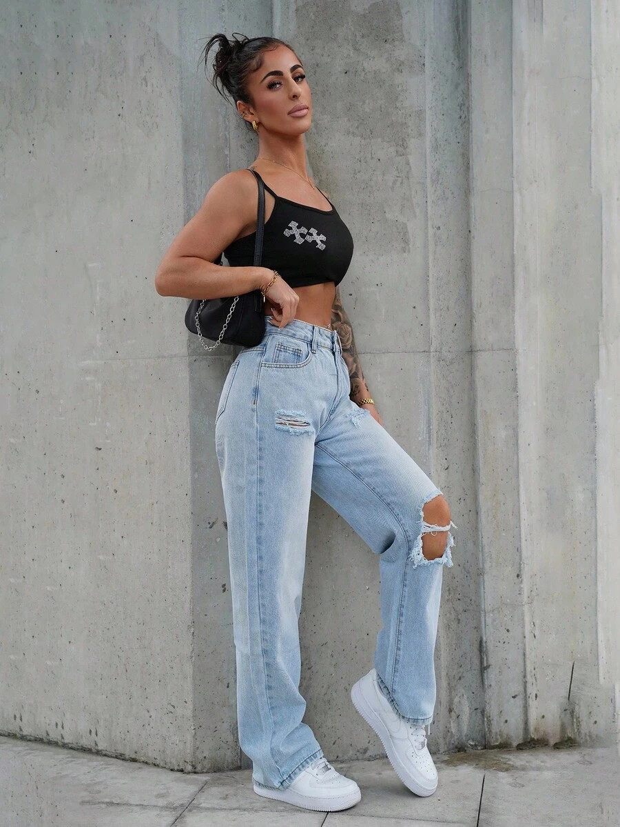 SAYEHFBABY Damesmode rechte jeans met hoge taille en wijde pijpen ...