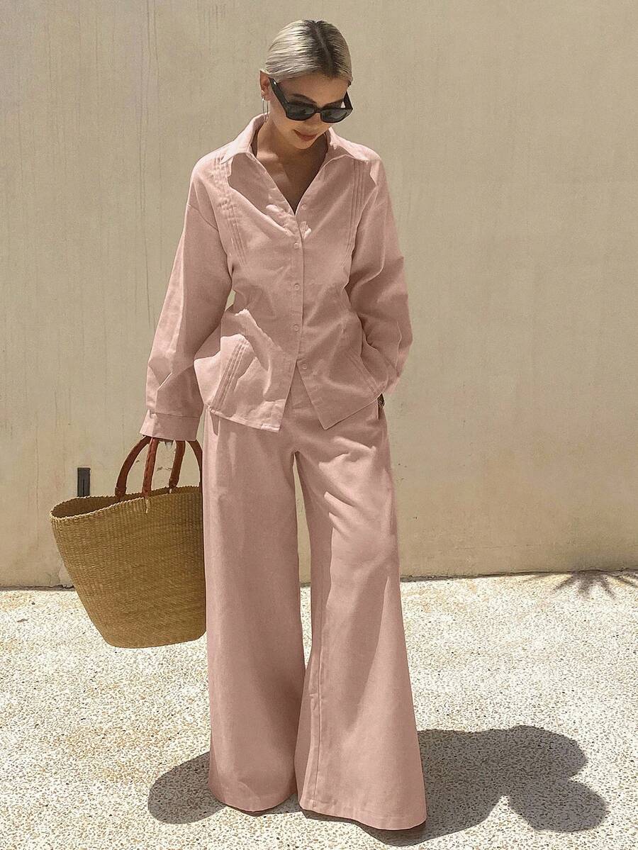 Livesso Women's Summer Solid Color Pleated Shirt And Wide Leg Pants ...