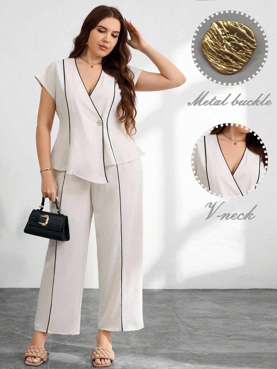 Modelyn Plus Size Women 2 Pieces Set - Elegant V-Neck Contrast Piping Asymmetrical Hem Blouse ...