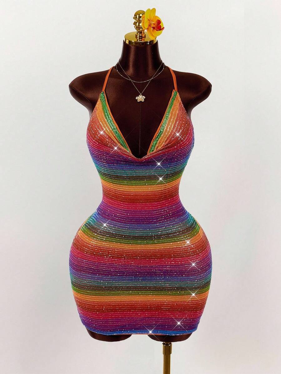 Amplova Rainbow Sequin Plunging Neck Backless Crisscross Strap Mini ...