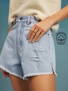 WESTFADE High Rise Spring Striped Curved Split Distressed Hem Relaxed ...