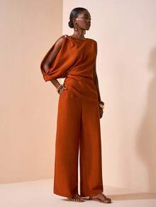 Zivah Elegant Burnt Orange Summer Dress,Off-Shoulder Round Neck Metal ...