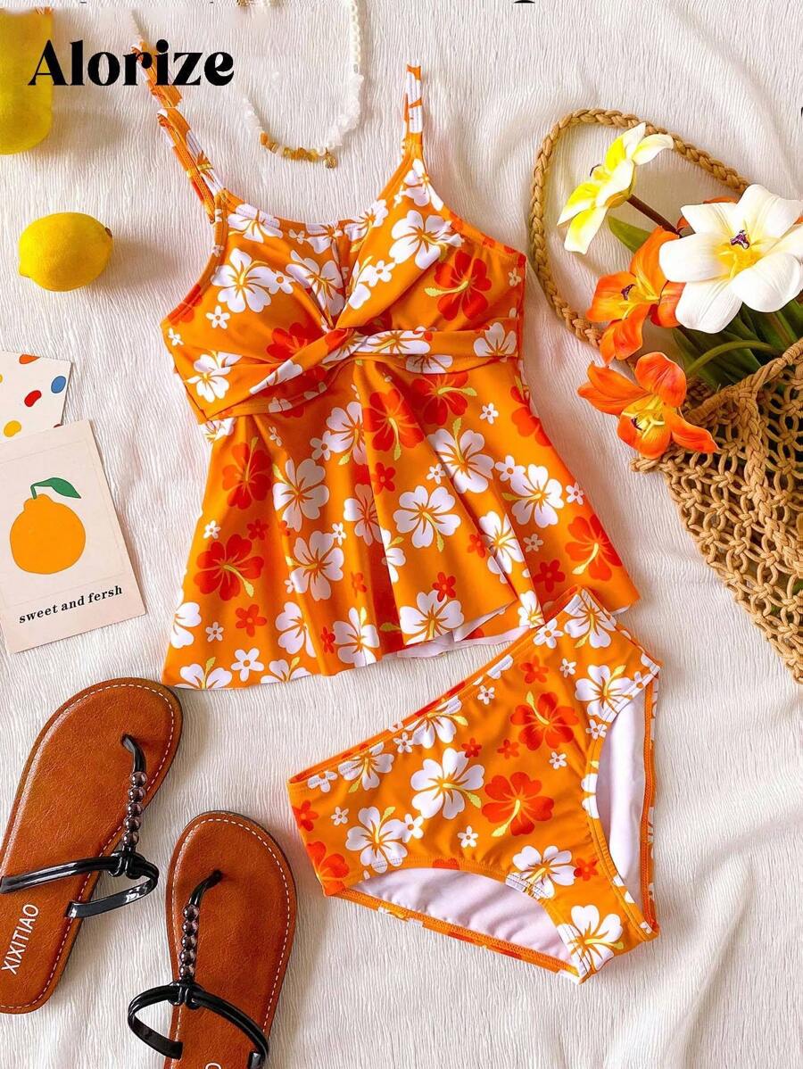 Tween Girls Floral Print Swimsuit Set, Vacation Swimwear For Spring ...