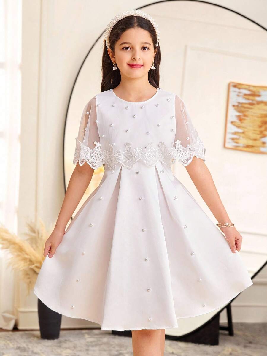 SHEIN Tween Girls' Lace Patchwork Capelet-Detail Satin Dress With Pearl ...