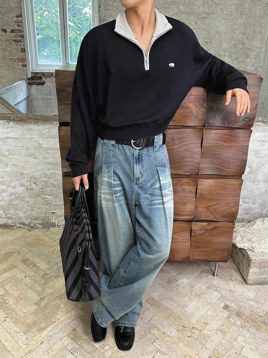 SWAVVY Jersey con media cremallera de color contrastante casual y de ...