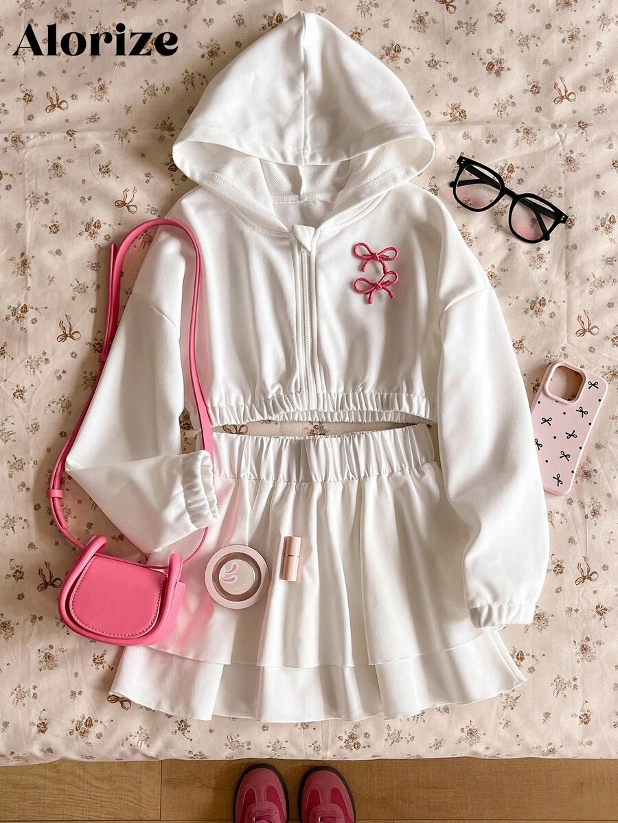 Tween Girl Bow Decor Hooded Sweatshirt And Skirt Set Fall Winter ...