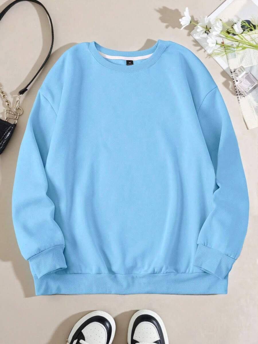 EMERY ROSE Plus Size Women's Solid Round Neck Thermal Lined Sweatshirt ...