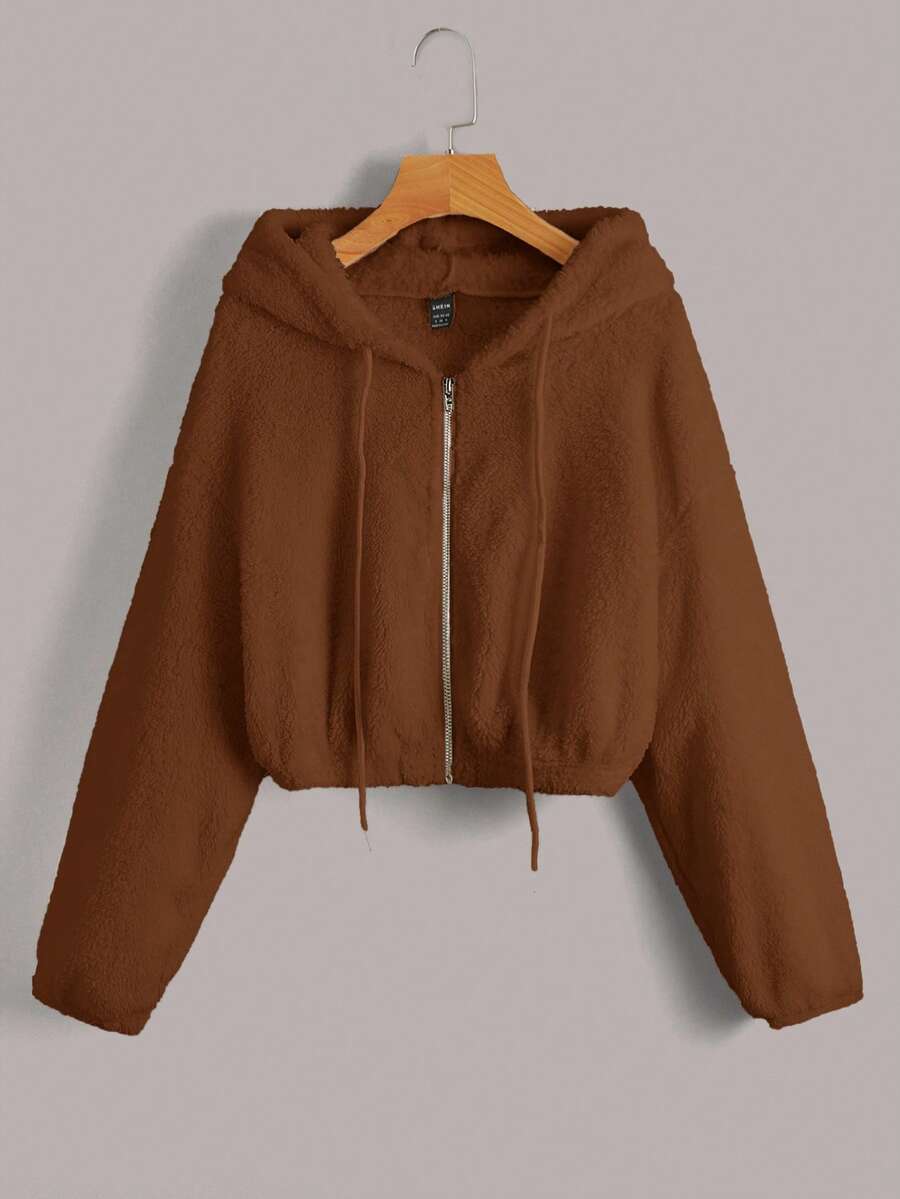 SHEIN EZwear Women's Knitted Fleece Zip-Up Hooded Jacket Cropped Zip Up ...