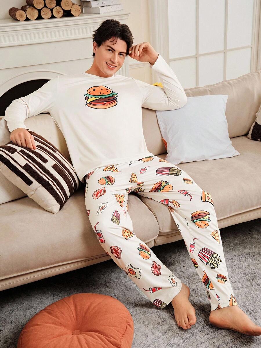 FamilyFrolics Hamburger & Soda Print Long Sleeve Pajama Set For Men ...