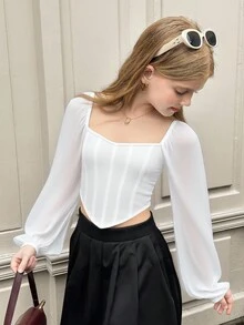 Serisse Kids Tween Girls Sweetheart Neck Lantern Sleeve Crop Blouse ...