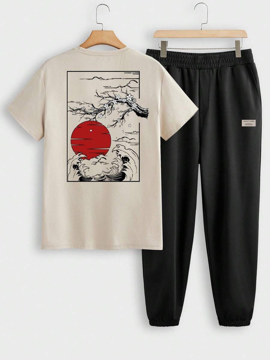 Manfinity Homme Japanese Style Ukiyo-E Wave & Red Sun Frame Graphic ...