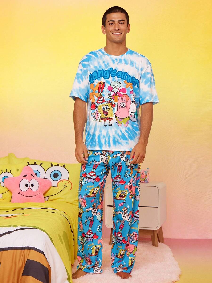 SpongeBob SquarePants | SHEIN Men's Tie Dye& Cartoon Pattern Short ...